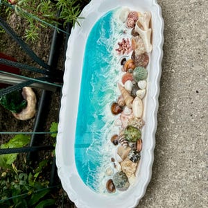 Porcelain Shell Beach TRAY Platter Shell Coral Shoreline TEAL Water ...