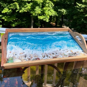 Wood Beach Tray Teal Blue Water Shells Shoreline Lacey White Waves ...