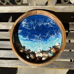 Round Wood Beach Tray Round Shimmery Deep Blue and Light Blue Water so ...