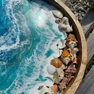 X Large Wood Beach Tray Round TEAL Blue Water Shells Shoreline White ...