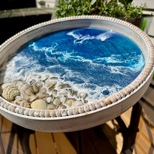 Wood Beach Tray Round Shimmering Blues Water Shells Pebbles Shoreline ...
