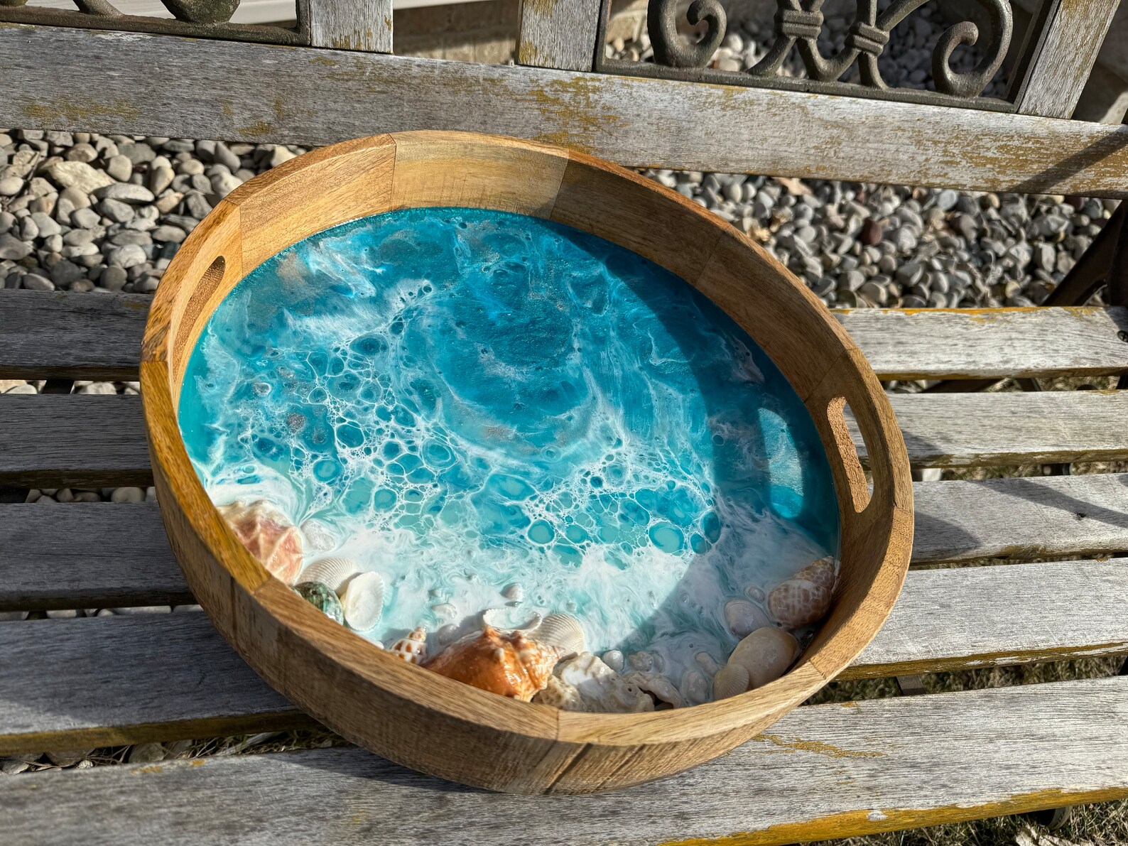 Teal Blue Resin Beach Tray: Large Round Coastal Decor With Seashells - Etsy