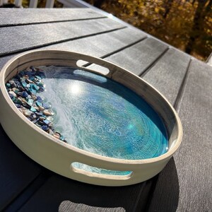 Beach Tray Round Clear TEAL Blue Water Shell Chip Shoreline White Wave ...
