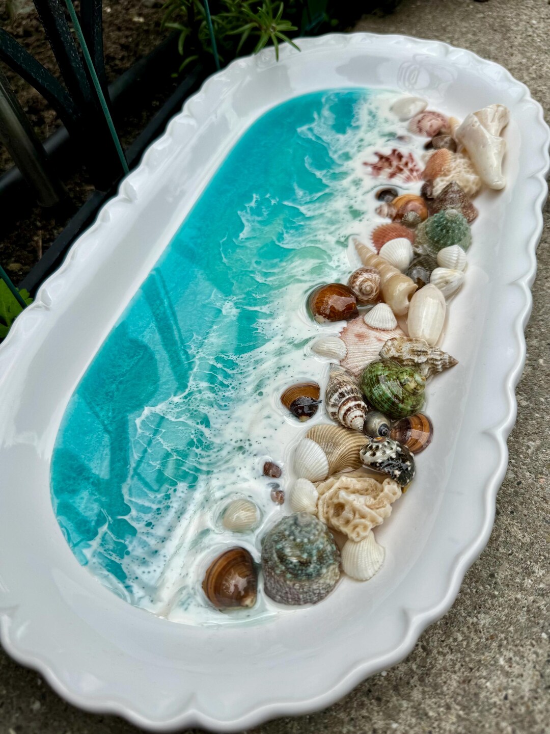 Porcelain Shell Beach TRAY Platter Shell Coral Shoreline TEAL Water ...
