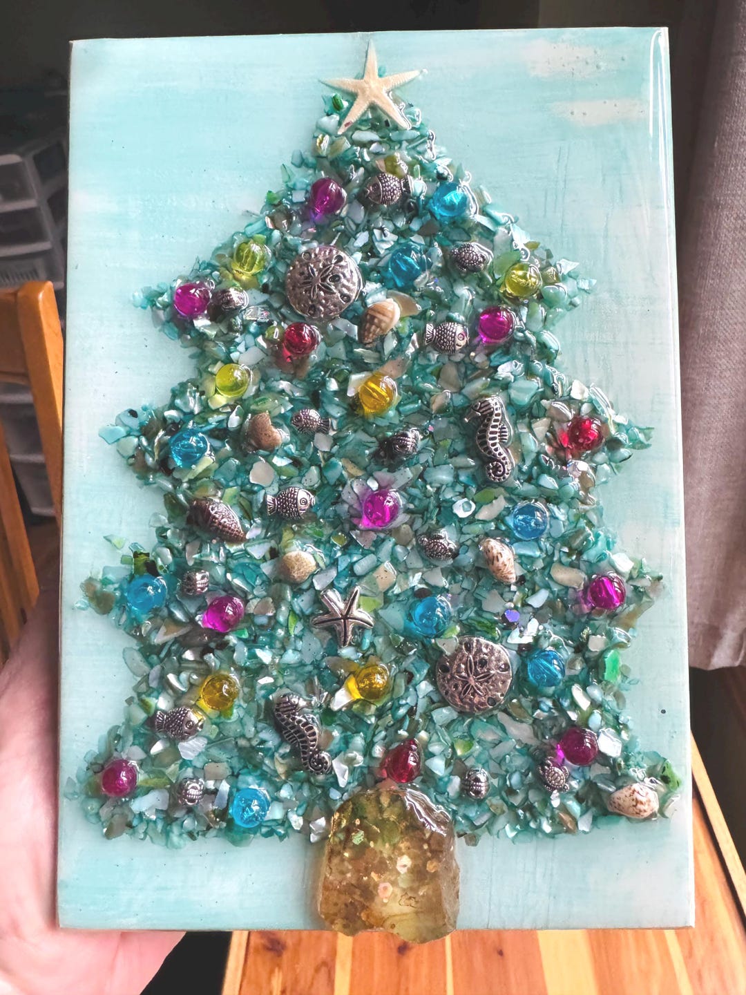 Christmas Tree Epoxy Resin Art Ocean Beach Themed Teal Shell Chips Bead ...