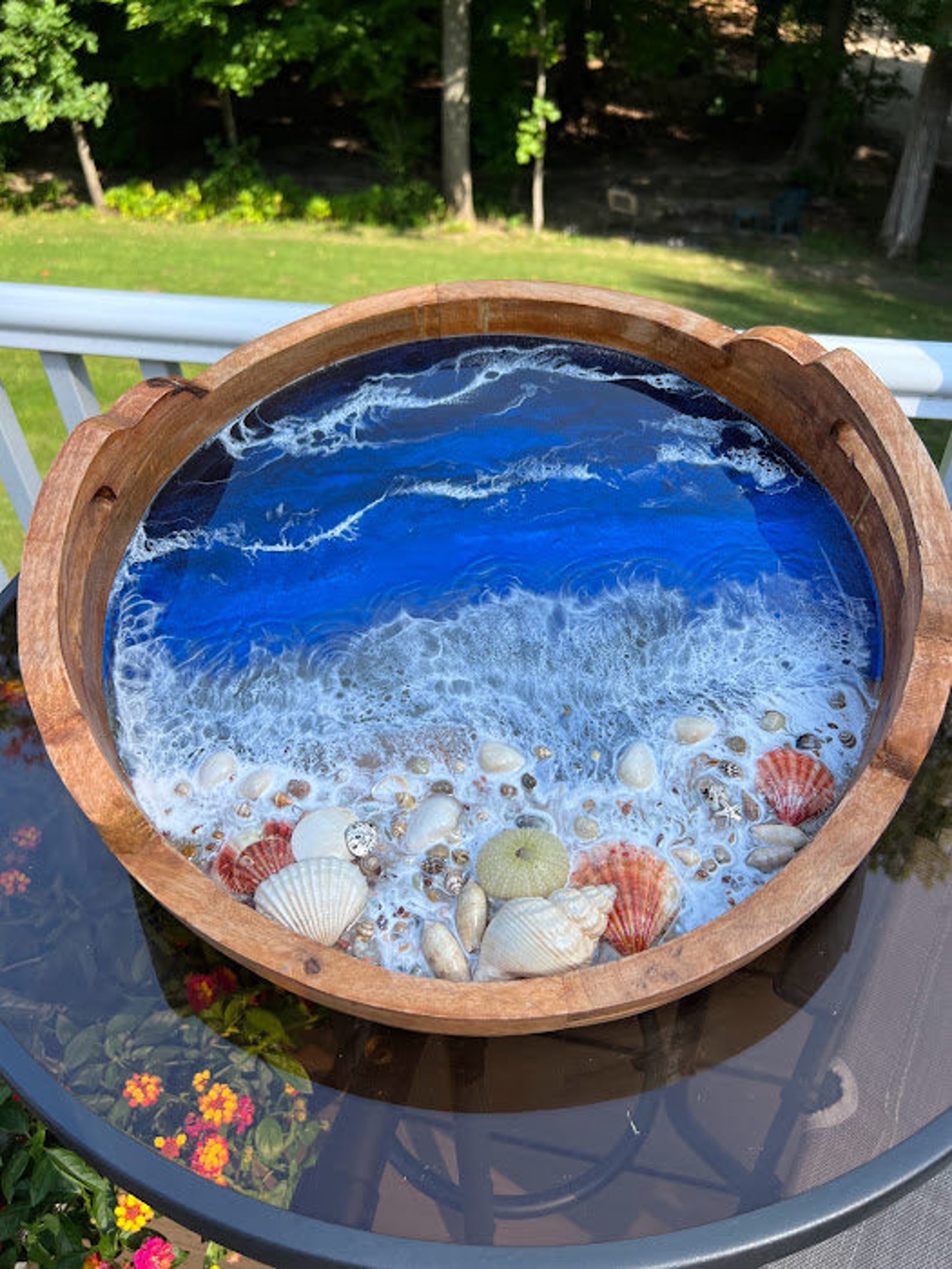 X Large Wood Beach Tray Round Deep Blue Water Shells Sea - Etsy