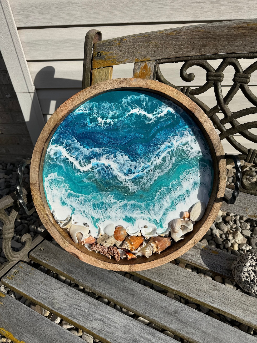 X Large Wood Beach Tray Round TEAL Blue Water Shells Shoreline White ...
