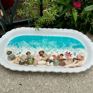 Porcelain Shell Beach TRAY Platter Shell Coral Shoreline TEAL Water ...
