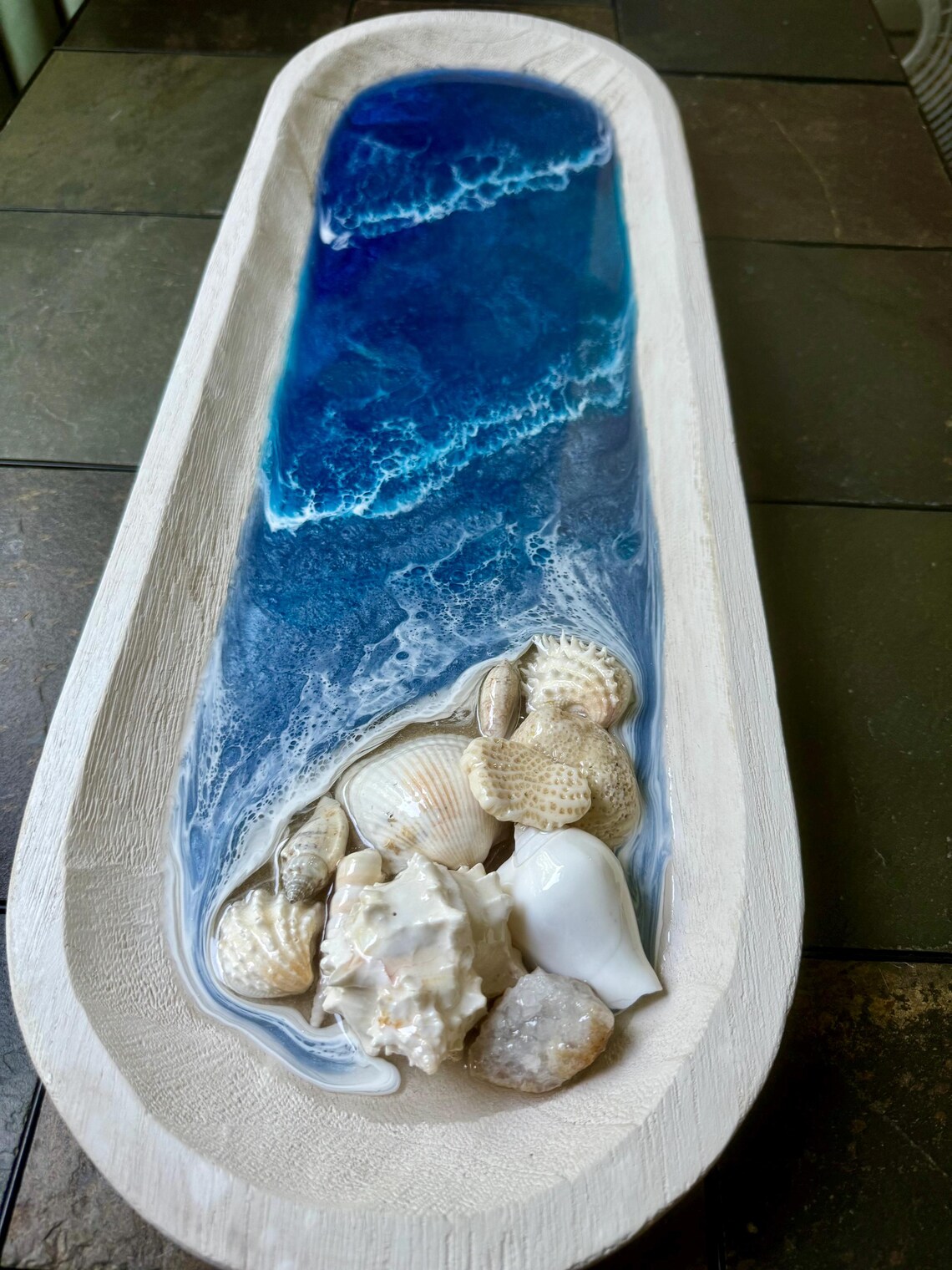 Beach Tray: Rustic White Wood, Shells, Coral, and Epoxy Resin Ocean ...
