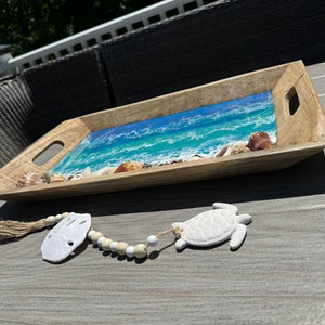 XL Rustic Distressed Wood Beach Tray Teals Blues Water Seashell ...
