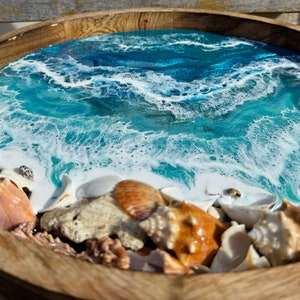 X Large Wood Beach Tray Round TEAL Blue Water Shells Shoreline White ...