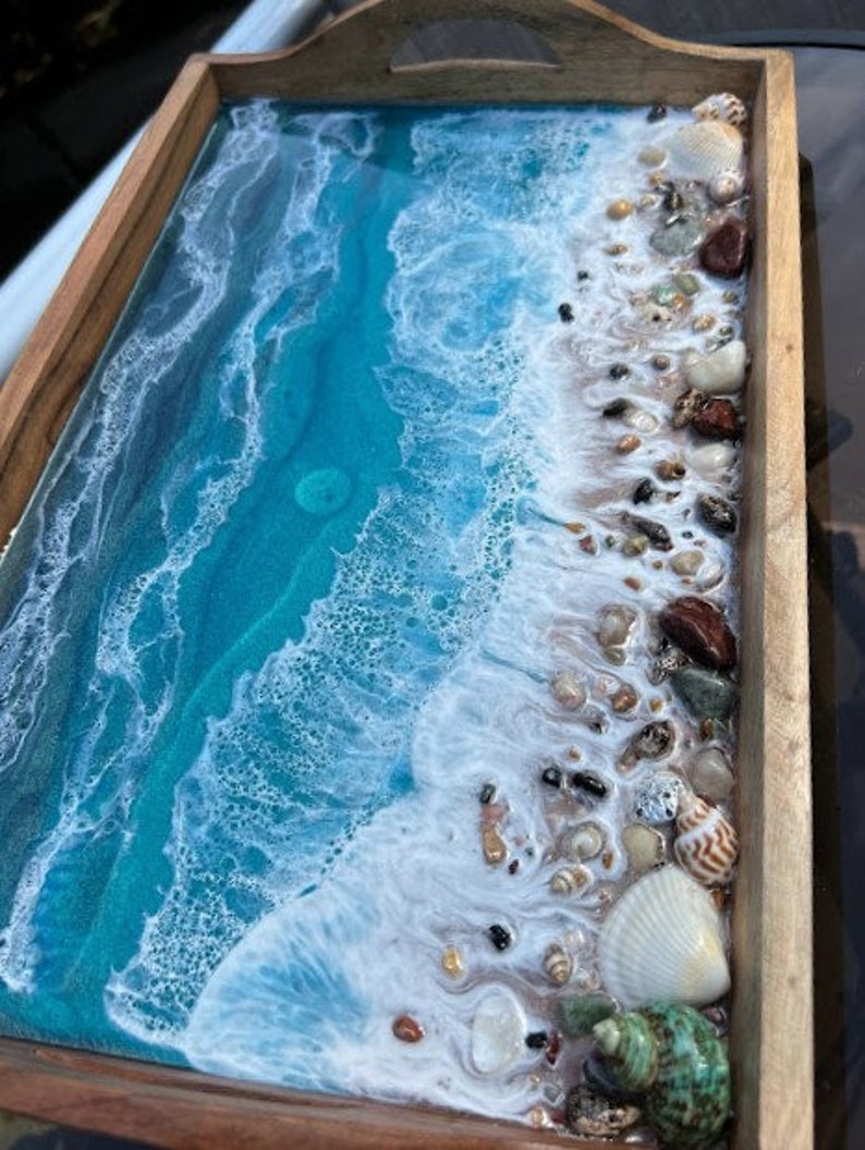 Wood Beach Tray Teal Blue Water Shells Shoreline Lacey White - Etsy