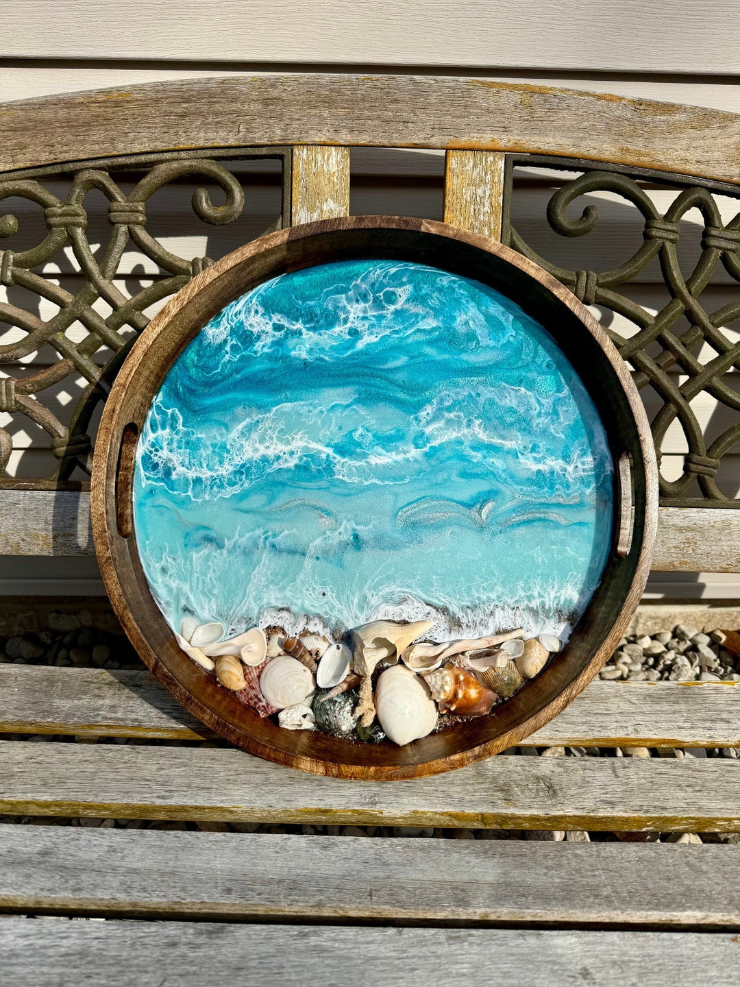 Large Wood Beach Tray Round TEAL Blue Water Shells Shoreline White Wave ...