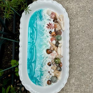 Porcelain Shell Beach TRAY Platter Shell Coral Shoreline TEAL Water ...