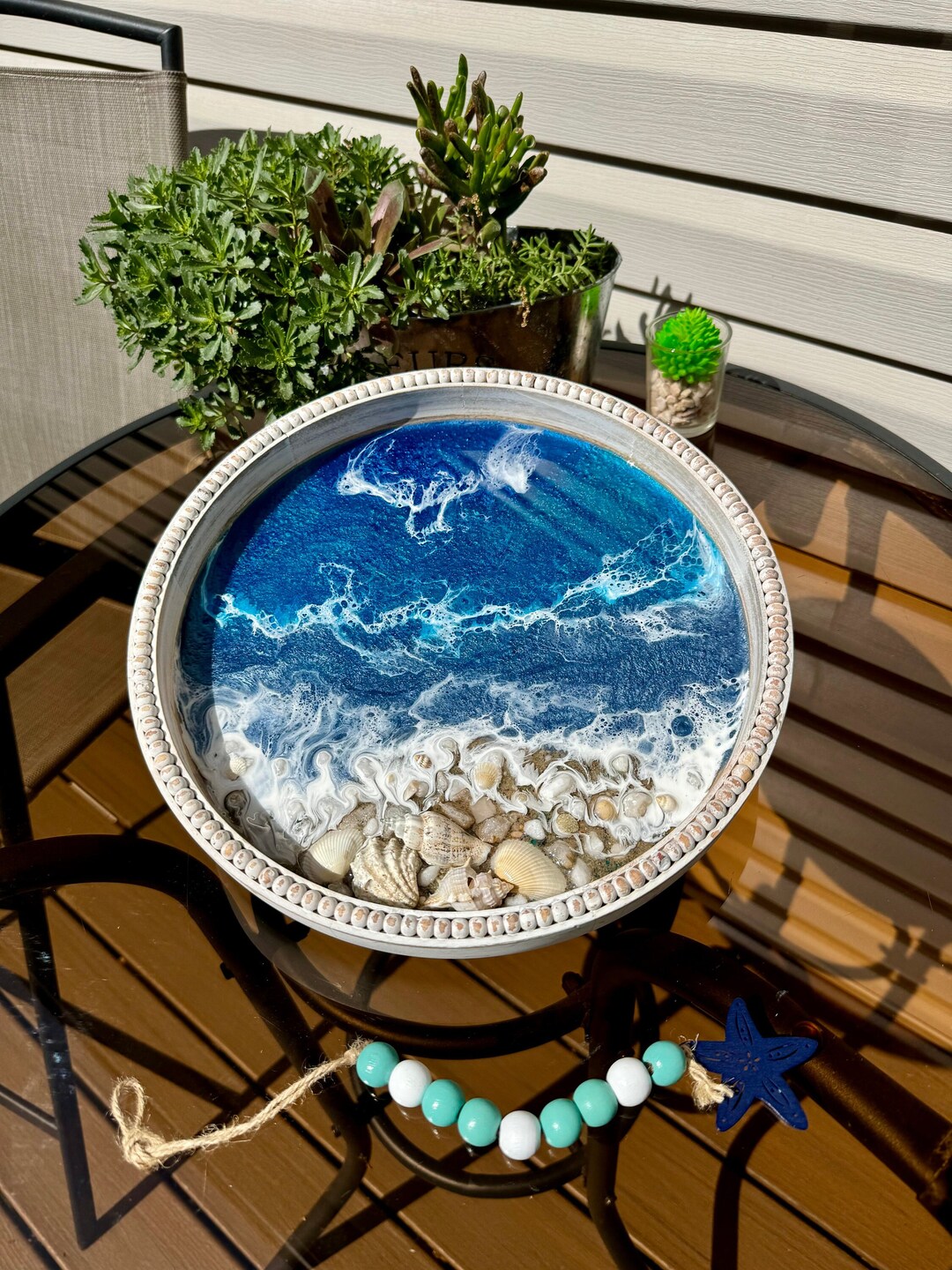 Wood Beach Tray Round Shimmering Blues Water Shells Pebbles Shoreline ...