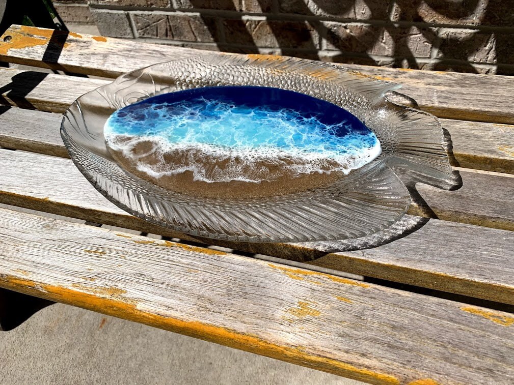 Glass Fish Dish Tray Beach Lake Michigan Sand Pebbles Great | Etsy