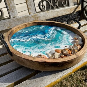 X Large Wood Beach Tray Round TEAL Blue Water Shells Shoreline White ...