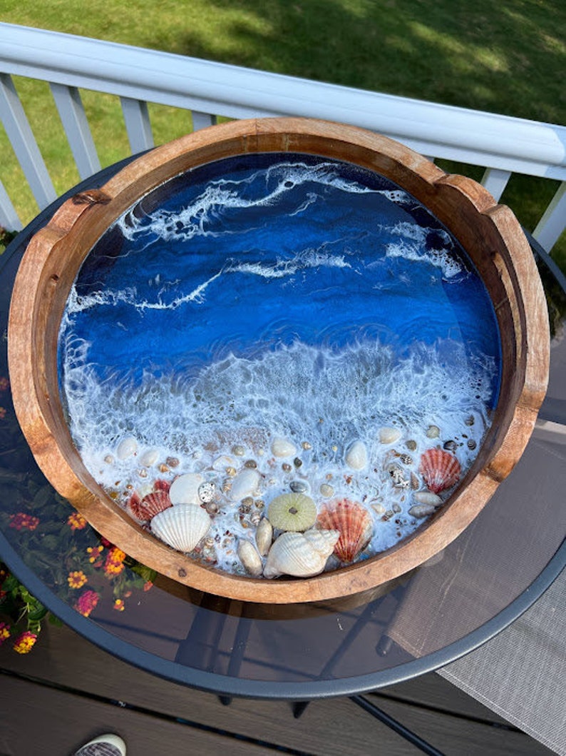 X Large Wood Beach Tray Round Deep Blue Water Shells Sea - Etsy