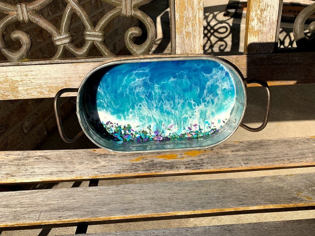 Trays Dining & Serving Galvanized Metal Beach Tray Blue purple Teal ...