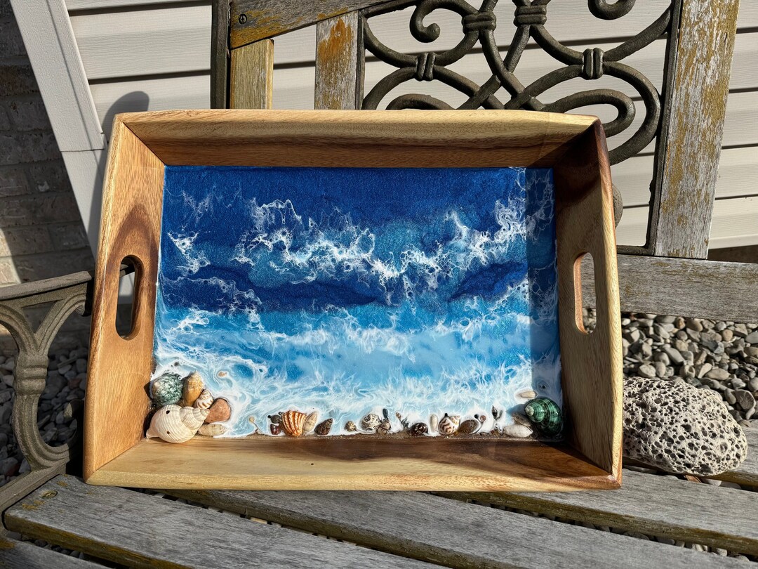XL Wood Beach Tray Blue Water Shells Shoreline Lacey White Waves ...