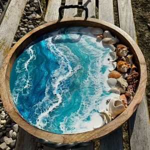 X Large Wood Beach Tray Round TEAL Blue Water Shells Shoreline White ...