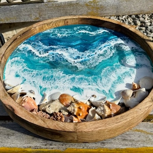 X Large Wood Beach Tray Round TEAL Blue Water Shells Shoreline White ...