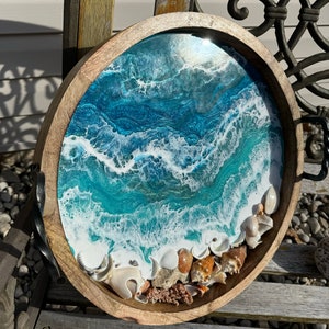 X Large Wood Beach Tray Round TEAL Blue Water Shells Shoreline White ...