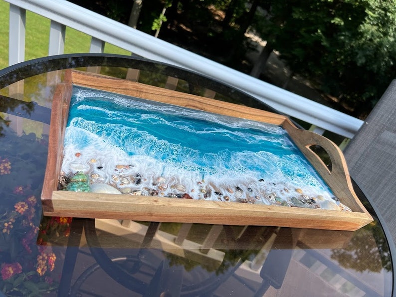 Wood Beach Tray Teal Blue Water Shells Shoreline Lacey White - Etsy