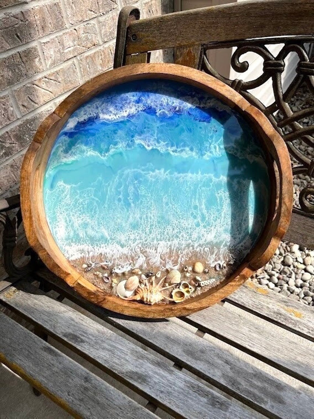 Resin Beach Tray: Large Round Wood Tray With Seashells - Etsy