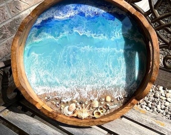 Beach Tray Round Clear TEAL Blue Water Beach Glass Seaglass Shoreline ...