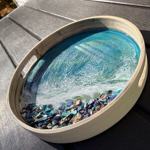 Beach Tray Round Clear TEAL Blue Water Shell Chip Shoreline White Wave ...