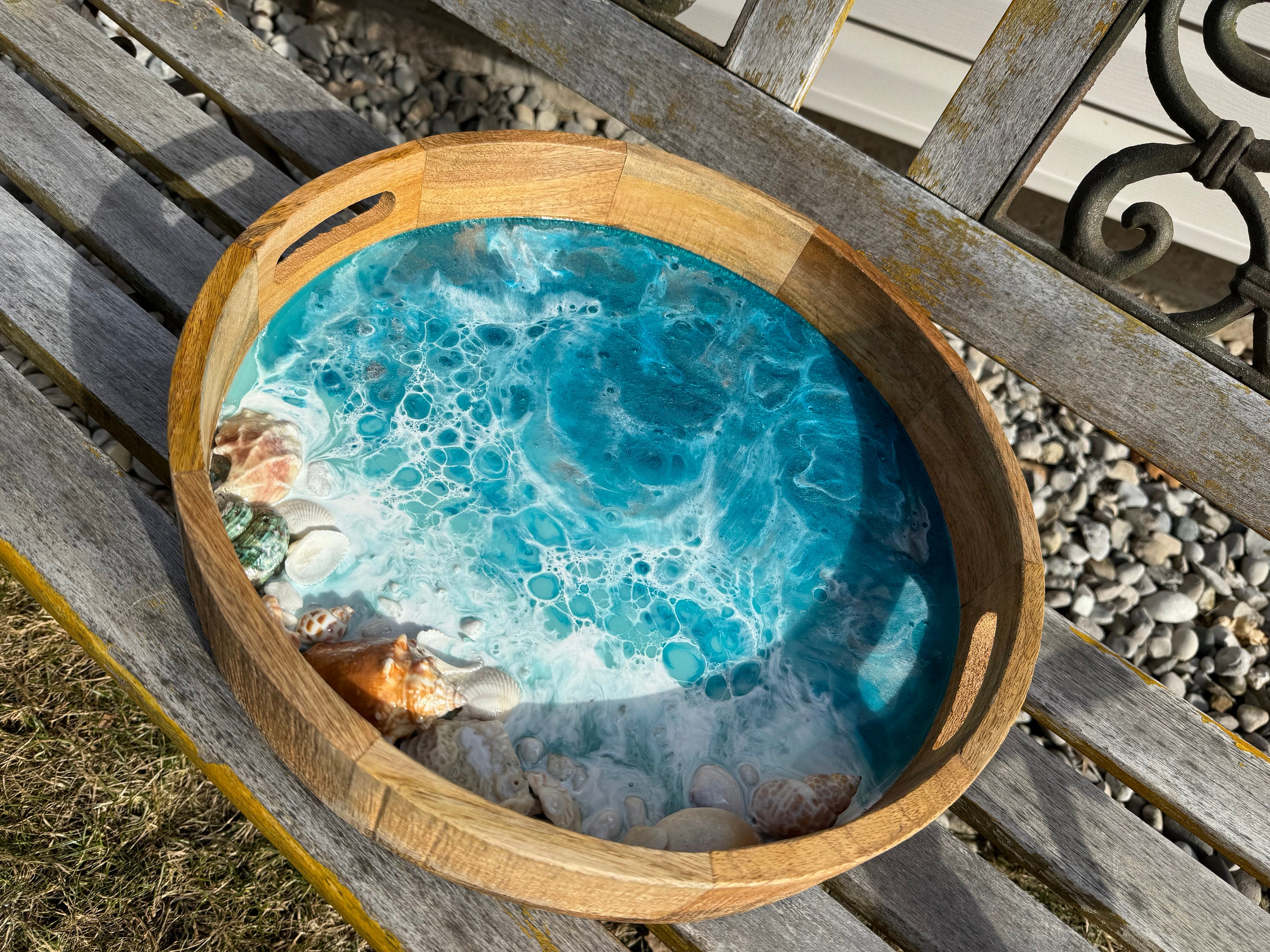 Teal Blue Resin Beach Tray: Large Round Coastal Decor With Seashells - Etsy