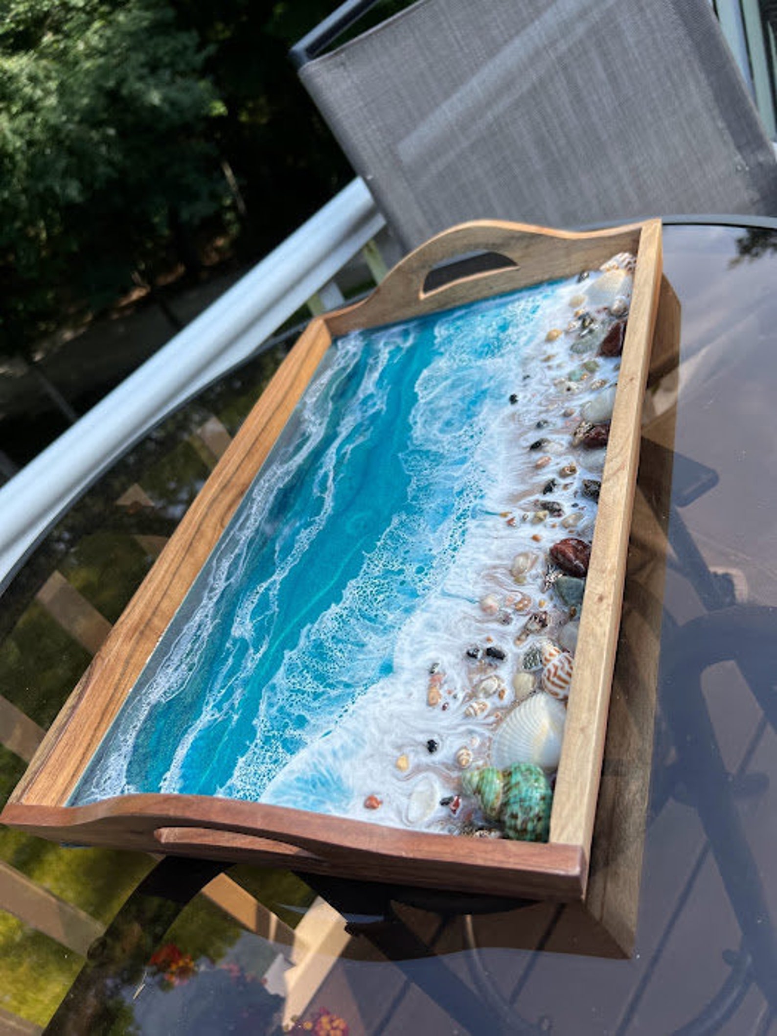 Wood Beach Tray Teal Blue Water Shells Shoreline Lacey White Waves ...