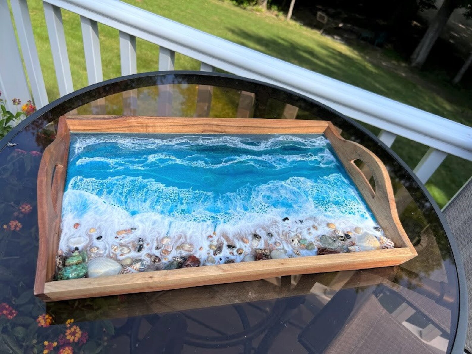 Wood Beach Tray Teal Blue Water Shells Shoreline Lacey White Waves ...