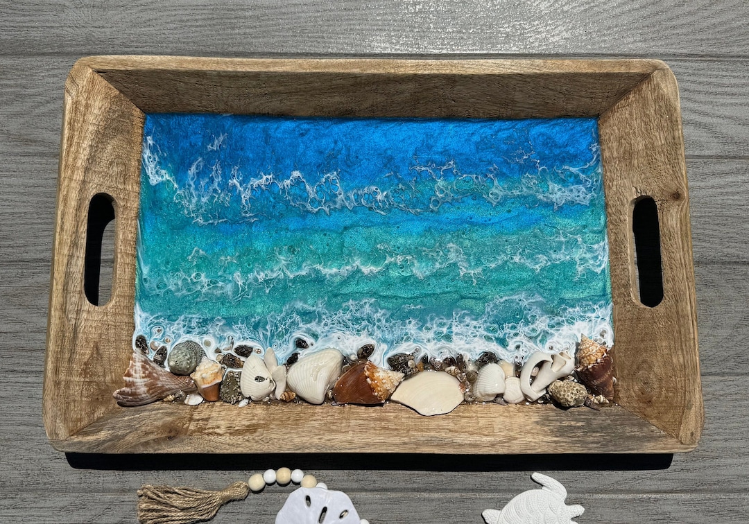 XL Rustic Distressed Wood Beach Tray Teals Blues Water Seashell ...