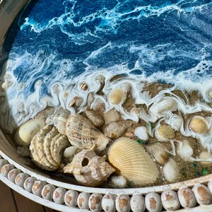Wood Beach Tray Round Shimmering Blues Water Shells Pebbles Shoreline ...