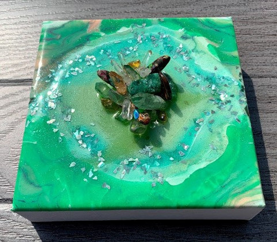 Geode Art Green Lime Quartz Crystals Points Resin Epoxy Agate 6" X 6" X ...