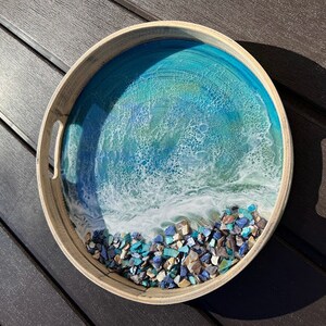 Beach Tray Round Clear TEAL Blue Water Shell Chip Shoreline White Wave ...