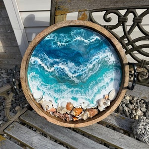 X Large Wood Beach Tray Round TEAL Blue Water Shells Shoreline White ...