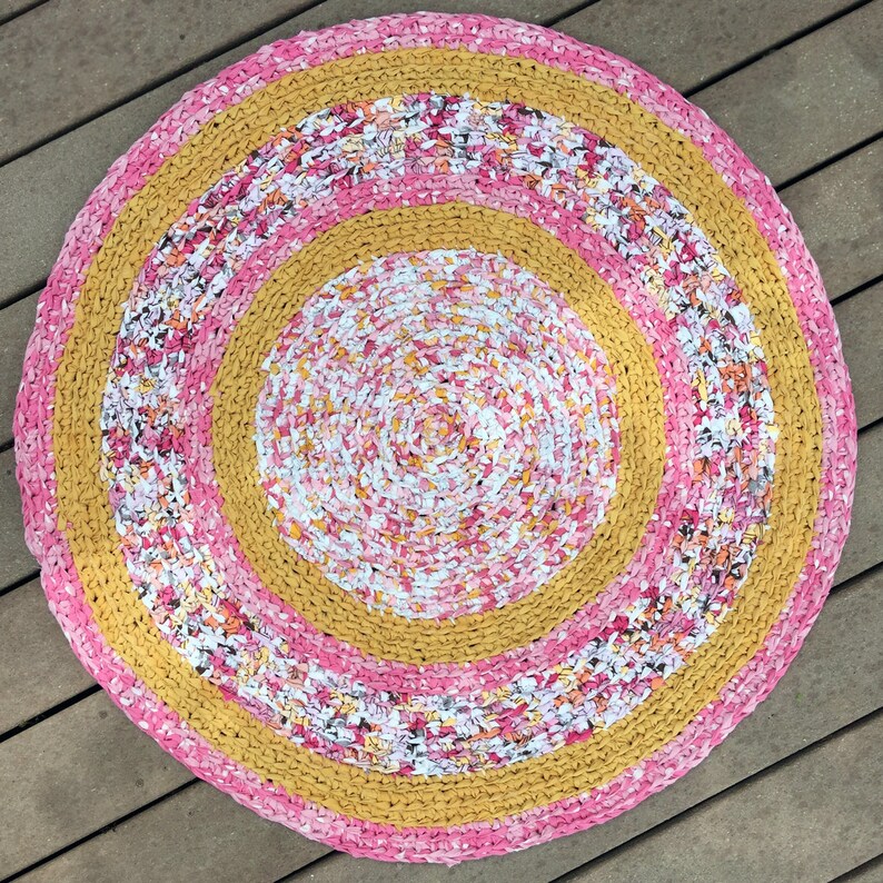 Rag Rug Pink Yellow Orange Round Recycled Crochet - Etsy