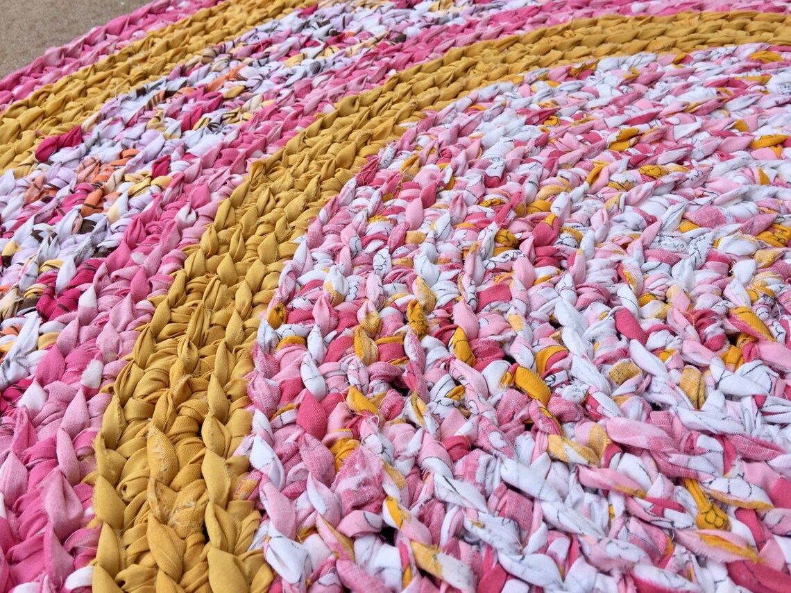 Rag Rug Pink Yellow Orange Round Recycled Crochet - Etsy