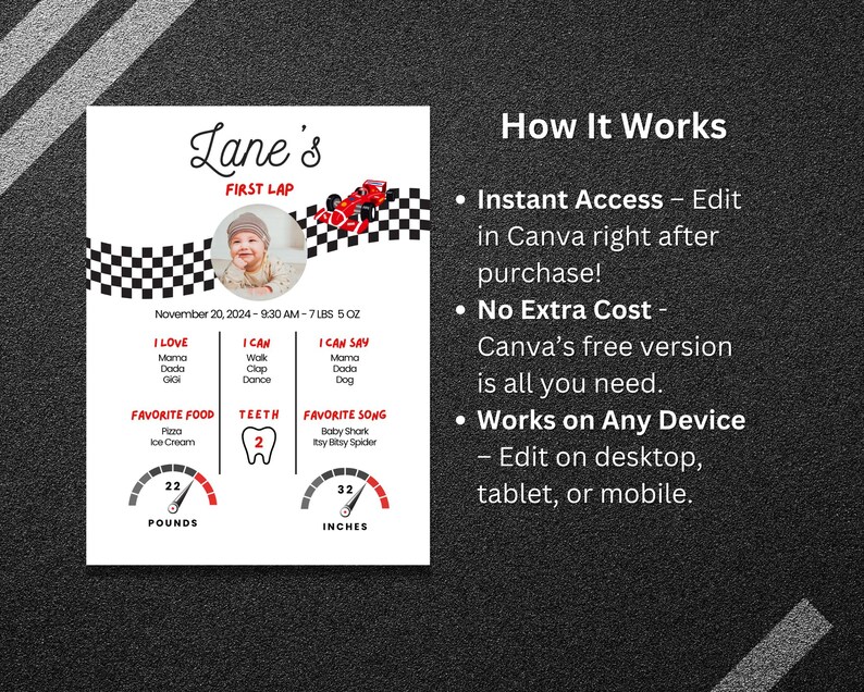 Race Car First Birthday Milestone Poster: Editable Canva Template ...