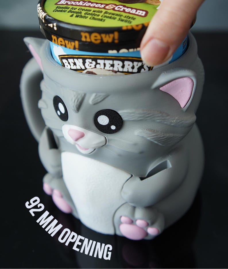 Toby the Cat Ice Cream Pint Holder – 3D Printed Kitty Cup With Spoon ...