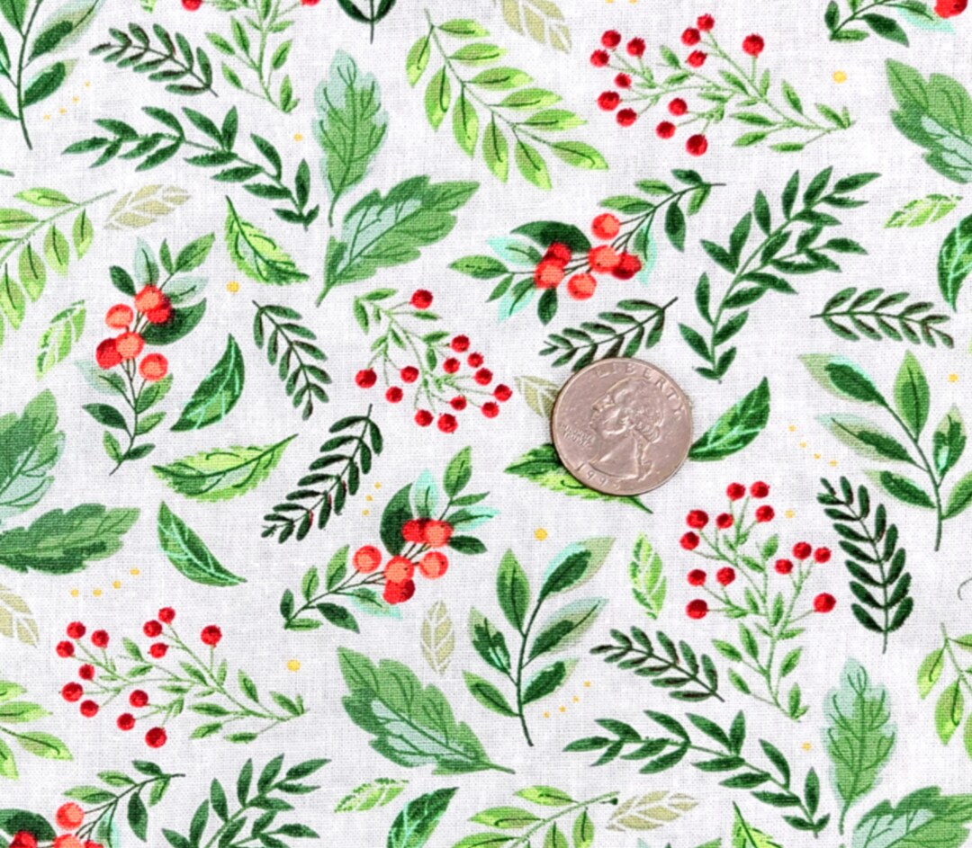Holly Christmas Fabric - Cotton Fabric - Greenery - Green - Branches ...