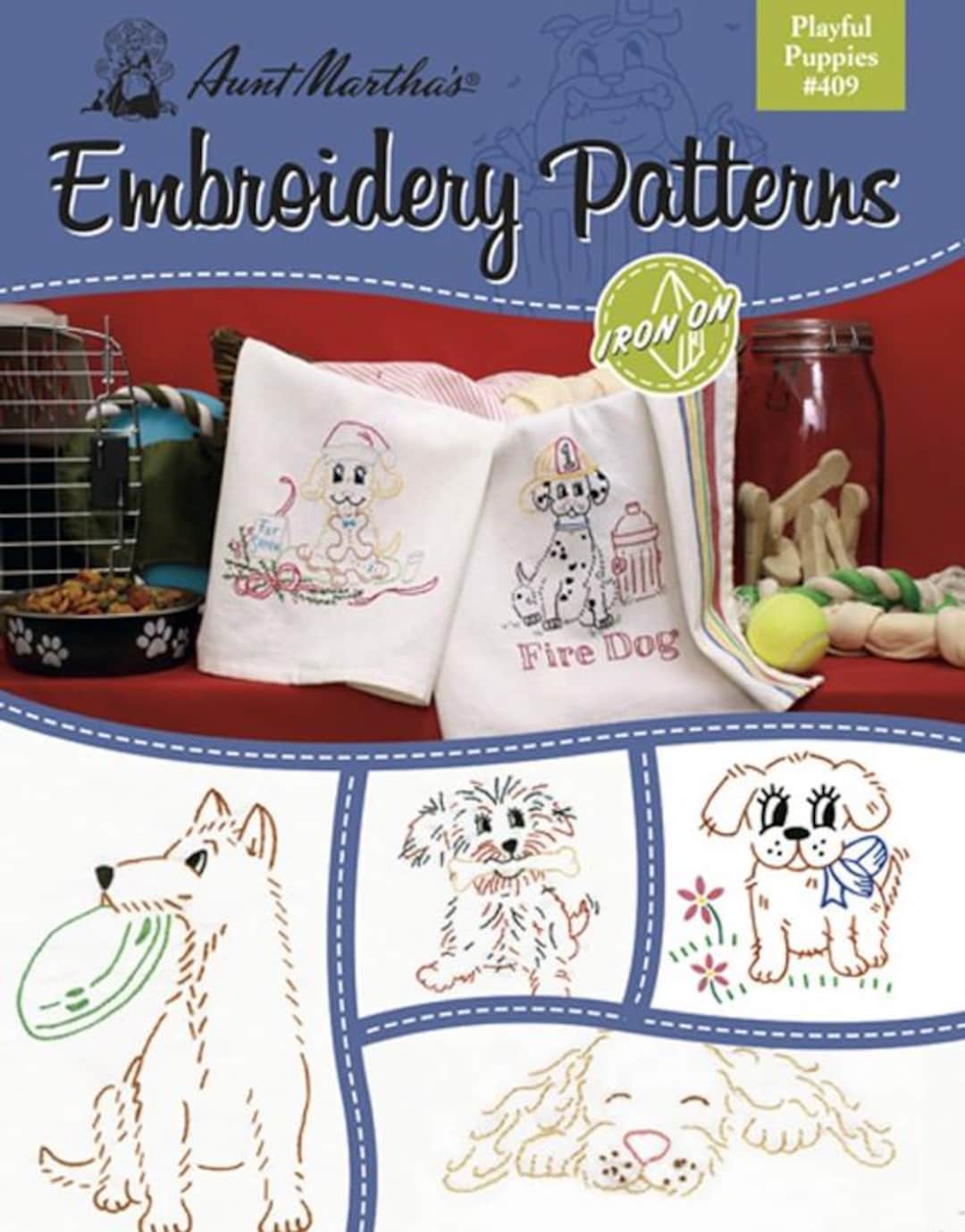 Aunt Martha's Book of Embroidery Patterns - #409 Playful Puppies - 8 ...
