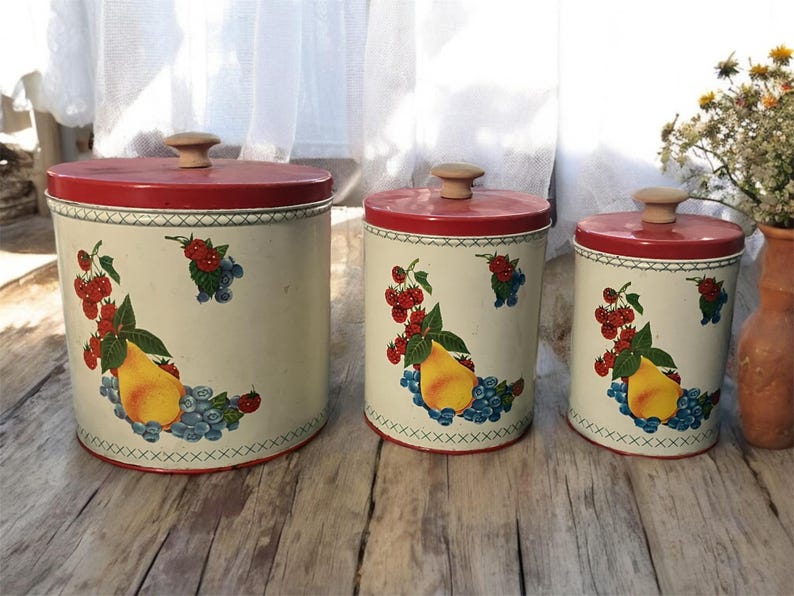 Antique Vintage Canister Set With Fruit Design, Mid Century, Farmhouse ...
