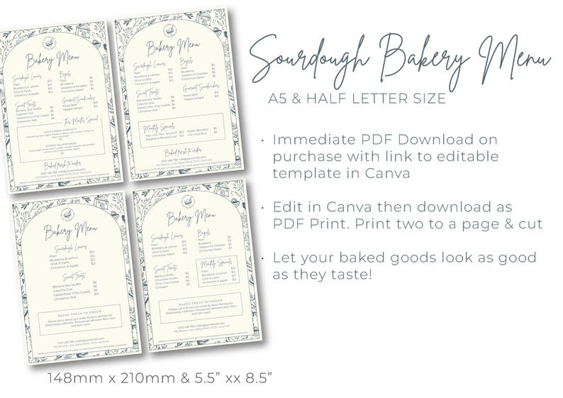 Editable Whimsical Bakery Menu Template: A5/half Letter Size (canva ...