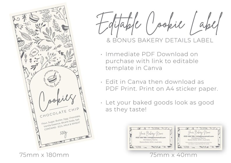 Editable Cookie Label Template: With Seperate Bakery Details (canva ...