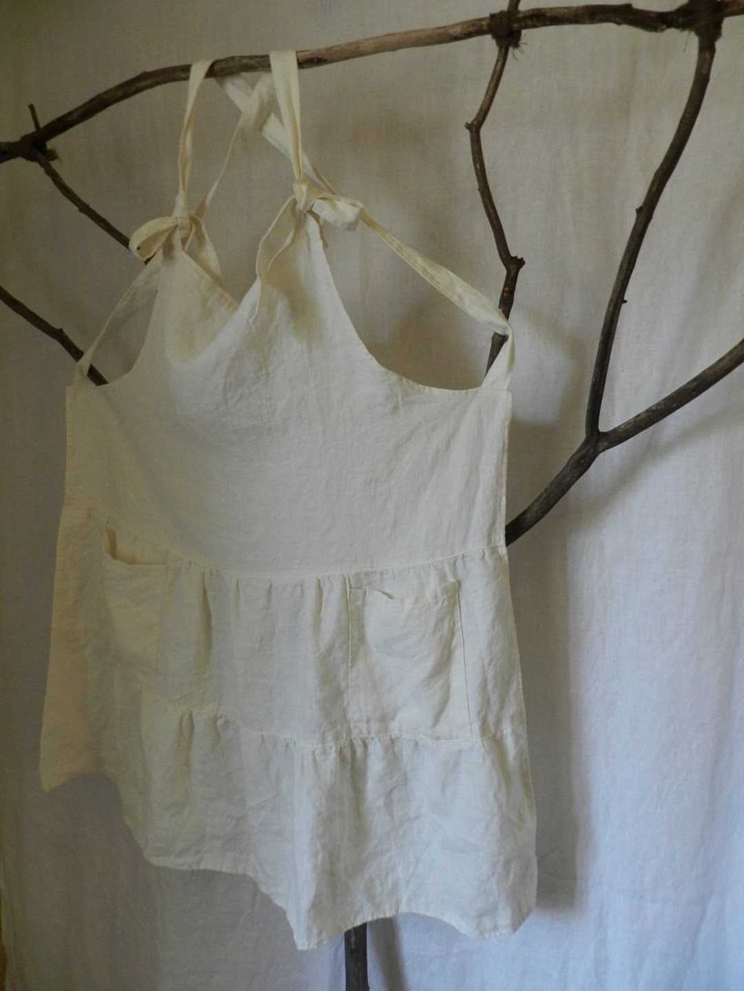 Tiered off White Linen Apron With Adjustable Ties, Cross-back Full ...