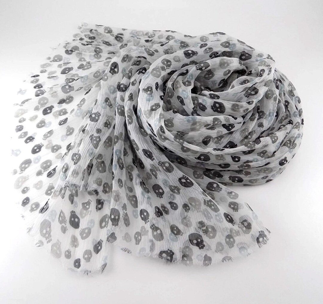 Skull Print Silk Scarf, Small Lightweight Wrinkle Scarf With Fringe ...